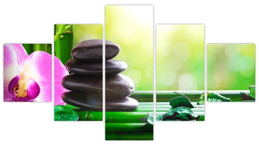 Obraz masážních kamenů a orchidee na vodě (125x70 cm)