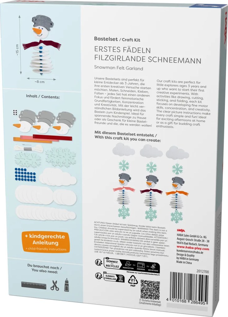 Haba Kreativní sada První navlékání plstěná girlanda Sněhulák