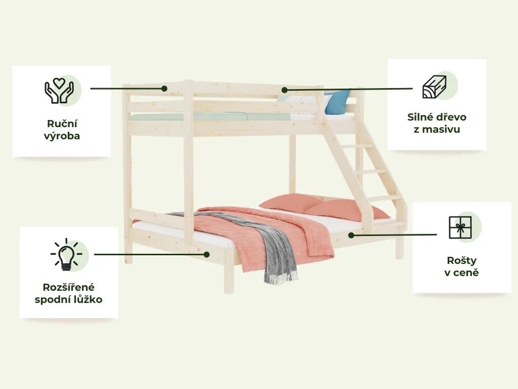 Tartak Meble Patrová postel ze dřeva ARARAT pro 3 osoby 90x200 cm, 140x200 cm Zvolte barvu: Bílá