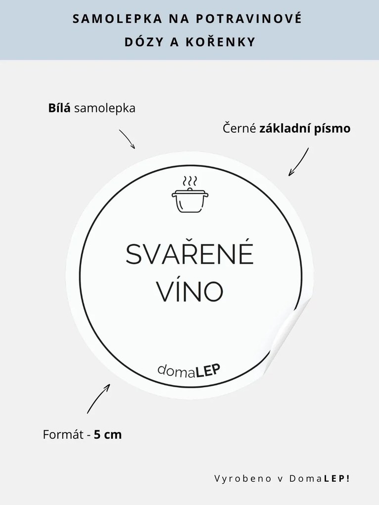 Samolepka na kořenky SVAŘENÉ VÍNO bílá 5 cm základní písmo