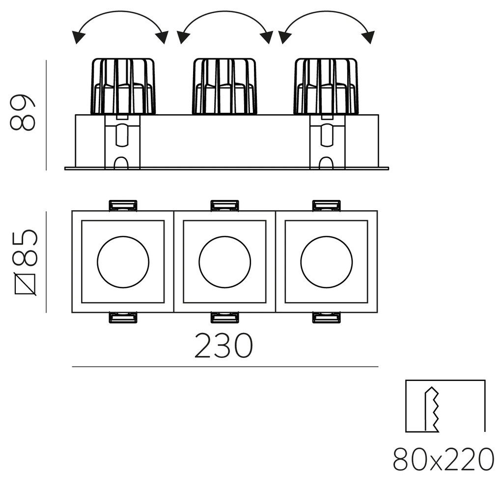 ACB Iluminacion Zapuštěné LED bodové svítidlo MOVE, š. 23 cm, 3x12W, CRI90 Barva: Černá, Teplota světla: 2700K - extra teplá bílá, Stmívání: TRIAC