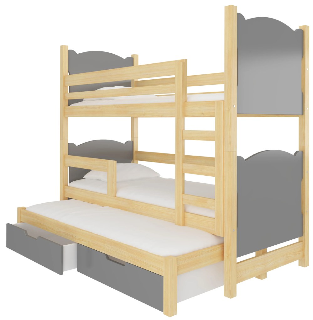 Patrová postel pro tři osoby s matracemi LETICIA Hlavní barva: Pine, Další barva: Růžová