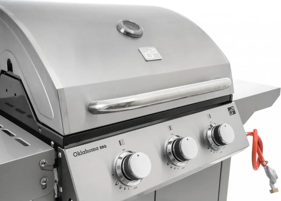 Plynový gril OKLAHOMA BBQ, 3 hořáky, s redukčním ventilem, stříbrná Penta CZ