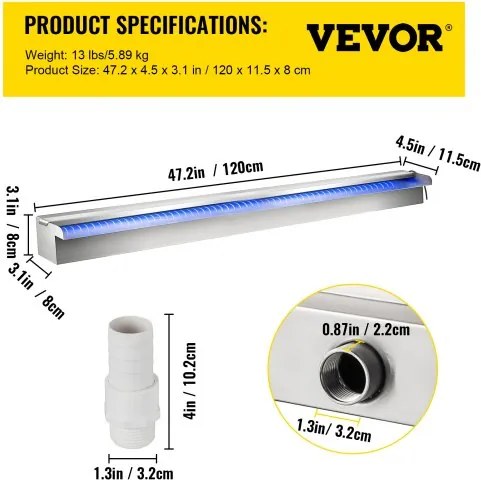 Barevné LED přelivy do bazénu s vodopádem z nerezové oceli 120 × 11,5 × 8 cm