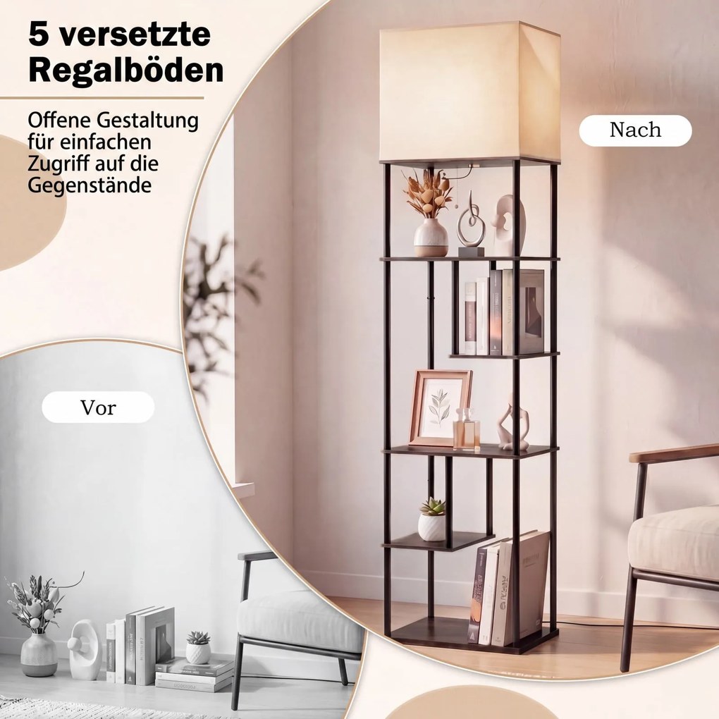 Costway Stojací lampa s policí 172 cm vysoká Stojací lampa s 5 policemi Moderní