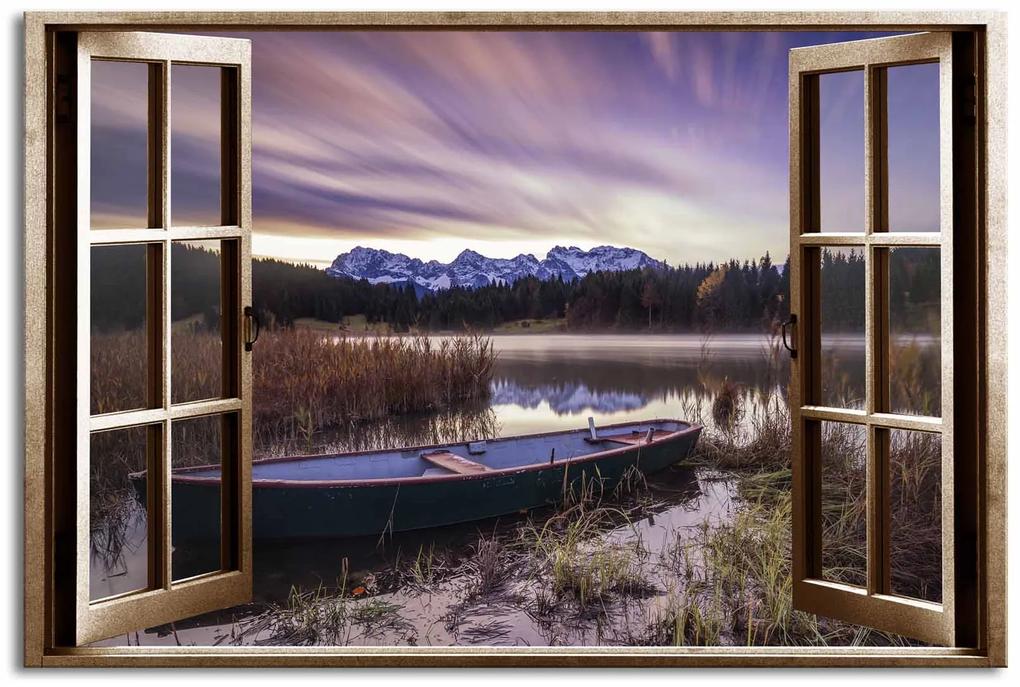 3D obraz okno loďka na jezeře Velikost (šířka x výška): 30x20 cm