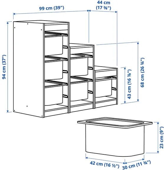 TROFAST Úlož. sestava s krabicemi, bílá/jasně zelená, 99x44x94 cm