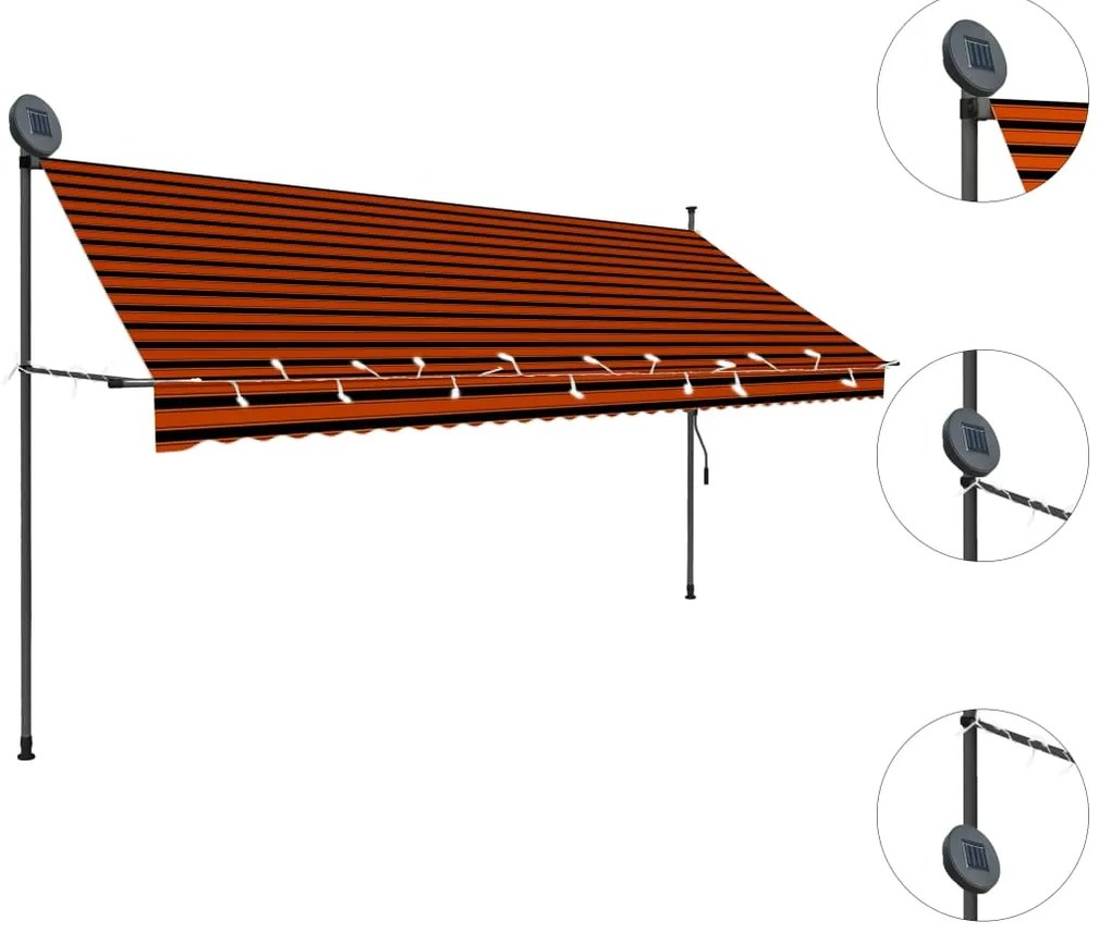 vidaXL Marketos Ručně zatahovací markýza s LED světlem 350 cm oranžovo-hnědá