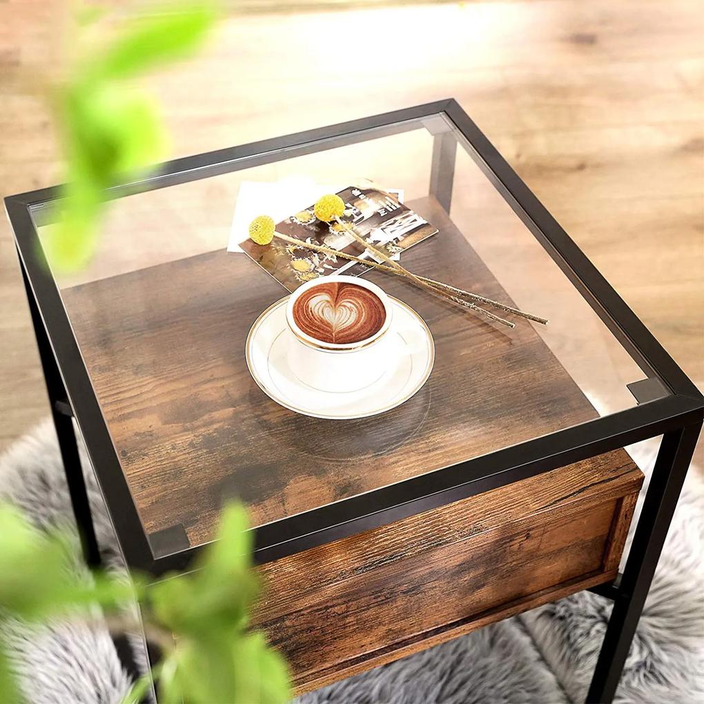 VASAGLE Odkládací stolek se zásuvkou skleněná deska 43x43 cm