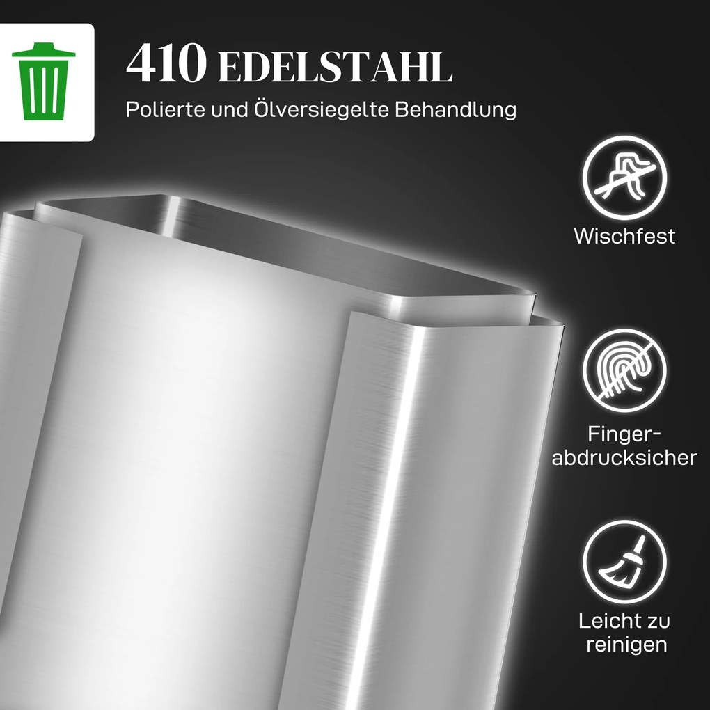 Odpadkový koš s přihrádkami o objemu 2x20 l, měkce zavíratelné víko, odolný proti otiskům prstů, nerezová ocel, stříbrná barva