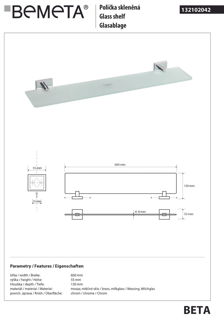 Bemeta Design BETA: Polička skleněná, 600 mm -