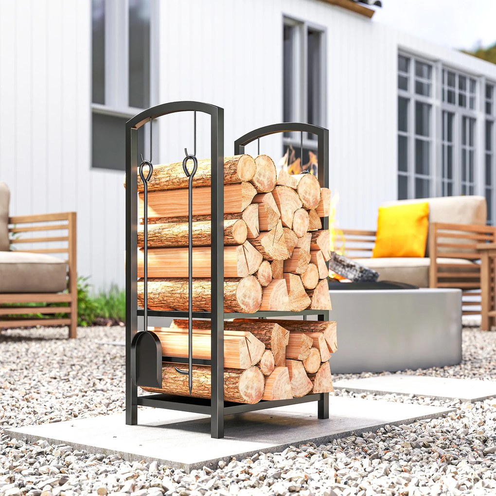 Stojan na palivové dřevo Outsunny Stojan na palivové dřevo 2 vrstvy Krbové nářadí Černá 40x30x74,5cm | Aosom