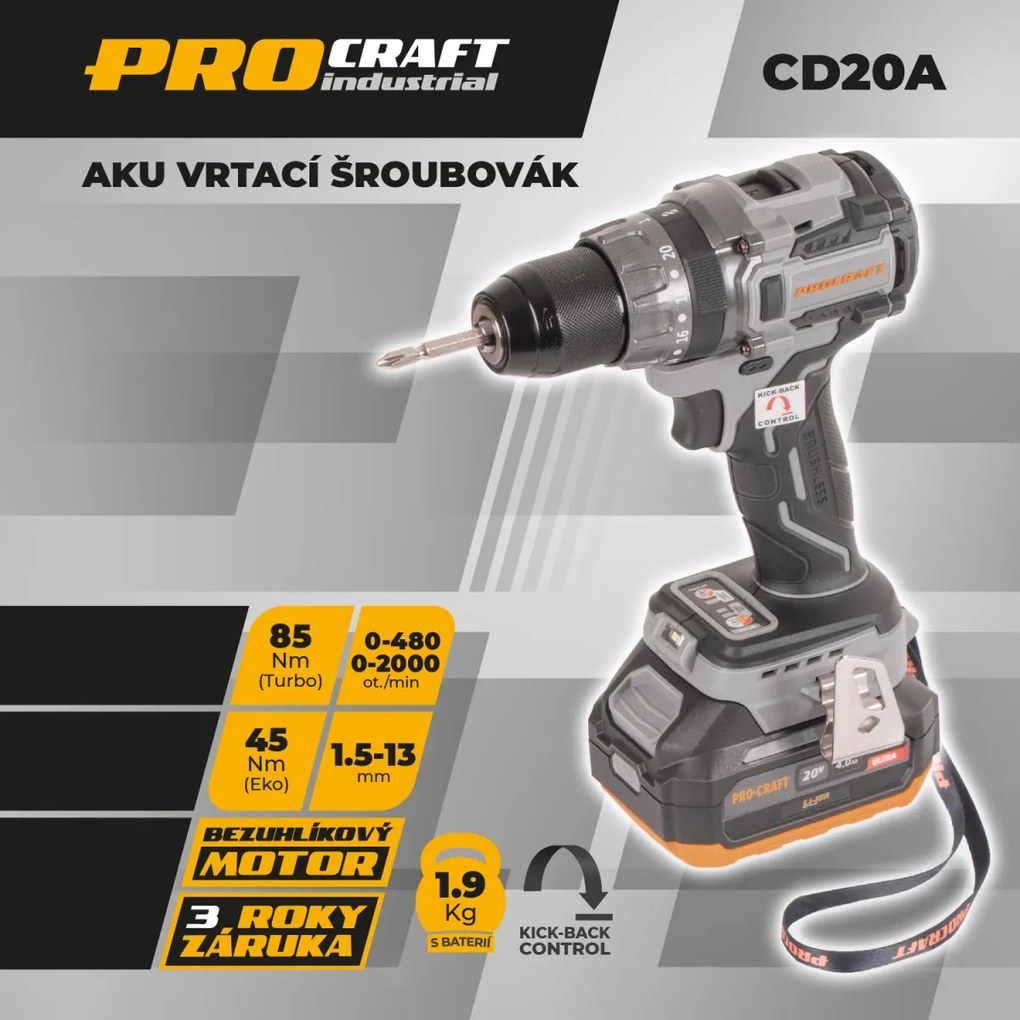 Aku vrtací šroubovák Procraft Industrial CD20A | CD20A-1b-c