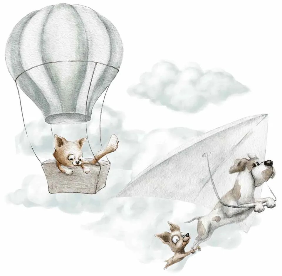 Gario Dětská nálepka na zeď Adventure in the sky - kočka v balónu a pejsky na rogalu Rozměry: 98 x 96 cm