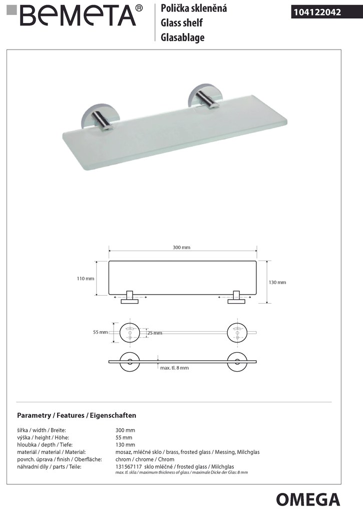 Bemeta Design OMEGA: Polička, 300 mm, sklo -