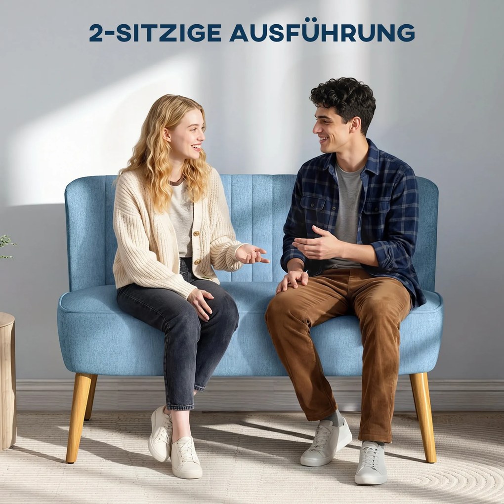 HOMCOM 2místná pohovka loveseat se vzhledem lnu, dvojsedák s dřevěnými nohami, nosnost do 150 kg, modrá, 117x56,5x77 cm do obývacího pokoje | Aosom.de