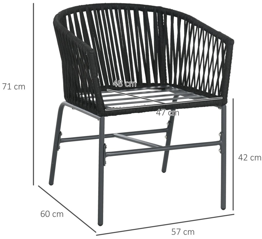 Sada 2 zahradních židlí Outsunny s polštáři, nosnost až 120 kg, zakřivený sedák ve stylu boho, kovový rám 57 x 60 x 71 cm, černá