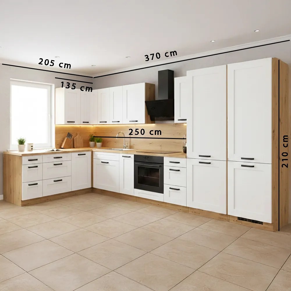 Kuchyňská linka LUNA ab | 205x370 cm | PREMIUM BOX zásuvky | UNI dvířka | artisan/bílá
