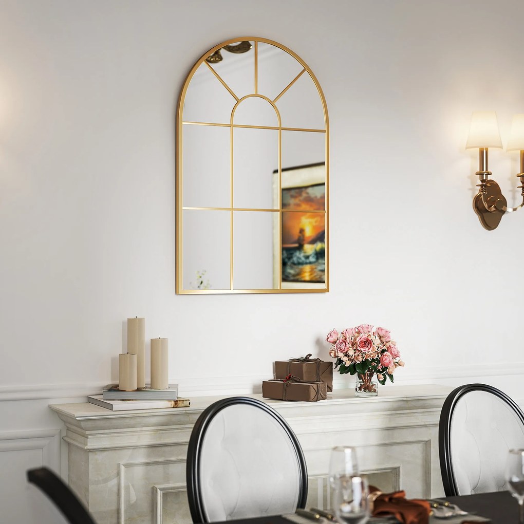 HOMCOM nástěnné zrcadlo okenní zrcadlo 91 x 60 cm dekorativní s kovovým rámem závěsné zrcadlo do obývacího pokoje ložnice ve zlaté barvě