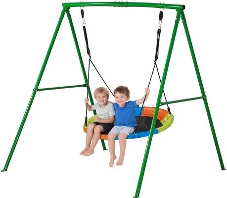 Houpačka VEVOR na zahradu, 100 cm houpačka s talířovým sedákem a odolným kovovým stojanem ve tvaru A, nosnost 199,6 kg, vyztužená spirálovými zemními kotvami, venkovní houpačka pro děti, zelená a barevná