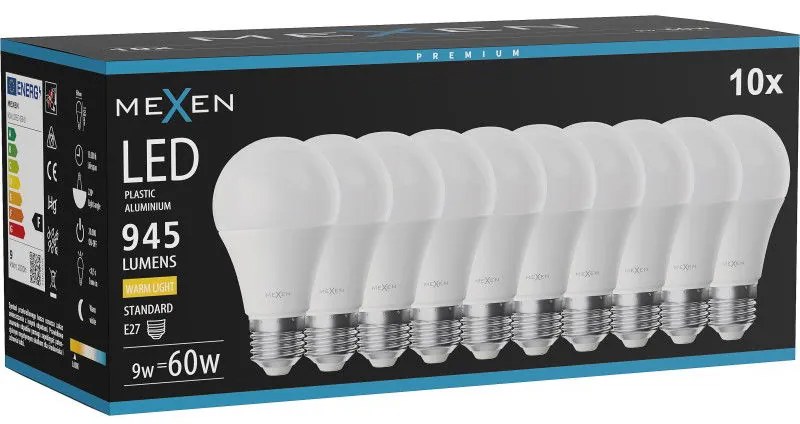 Mexen Nova 10x LED žárovka E27, A60, 9W, Teplá - 3000K, 945 lm - L100-E27-0930-01x10