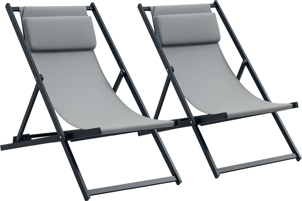 Outsunny Sada 2 skládacích hliníkových lehátek s nastavitelným opěradlem a podhlavníky na terasu, patio, venku 58x96,5x91,5 cm Tmavě šedá | Aosom