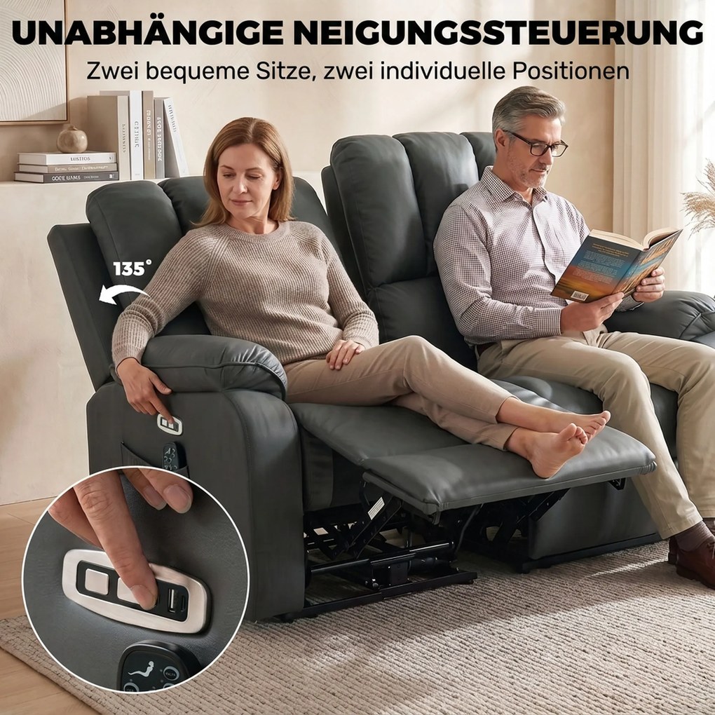 HOMCOM 2-místná elektrická relaxační pohovka z Leathaire s masážní a vyhřívací funkcí, 2 dálkové ovladače, USB-/USB-C porty