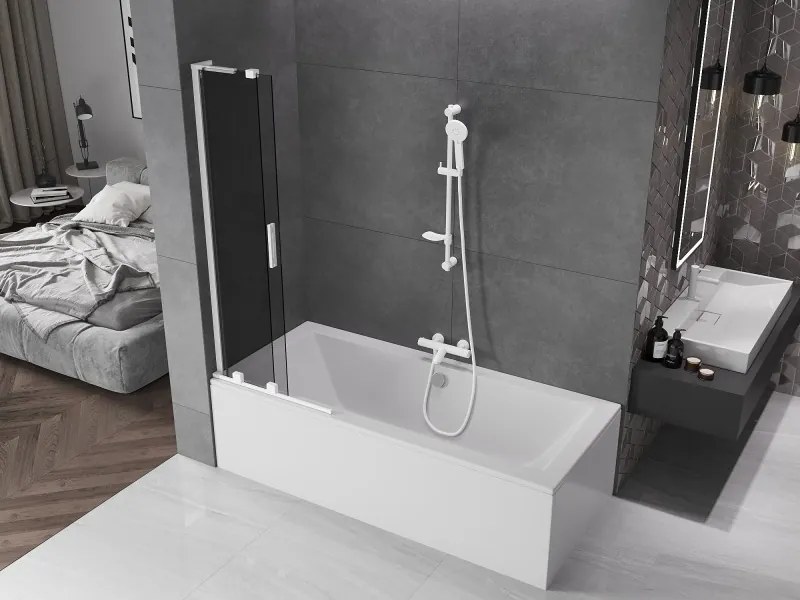 Mexen Velar L, 2-křídlová posuvná vanová zástěna 75 x 150 cm, 8mm šedé sklo, bílá matná, 896-075-003-41-20