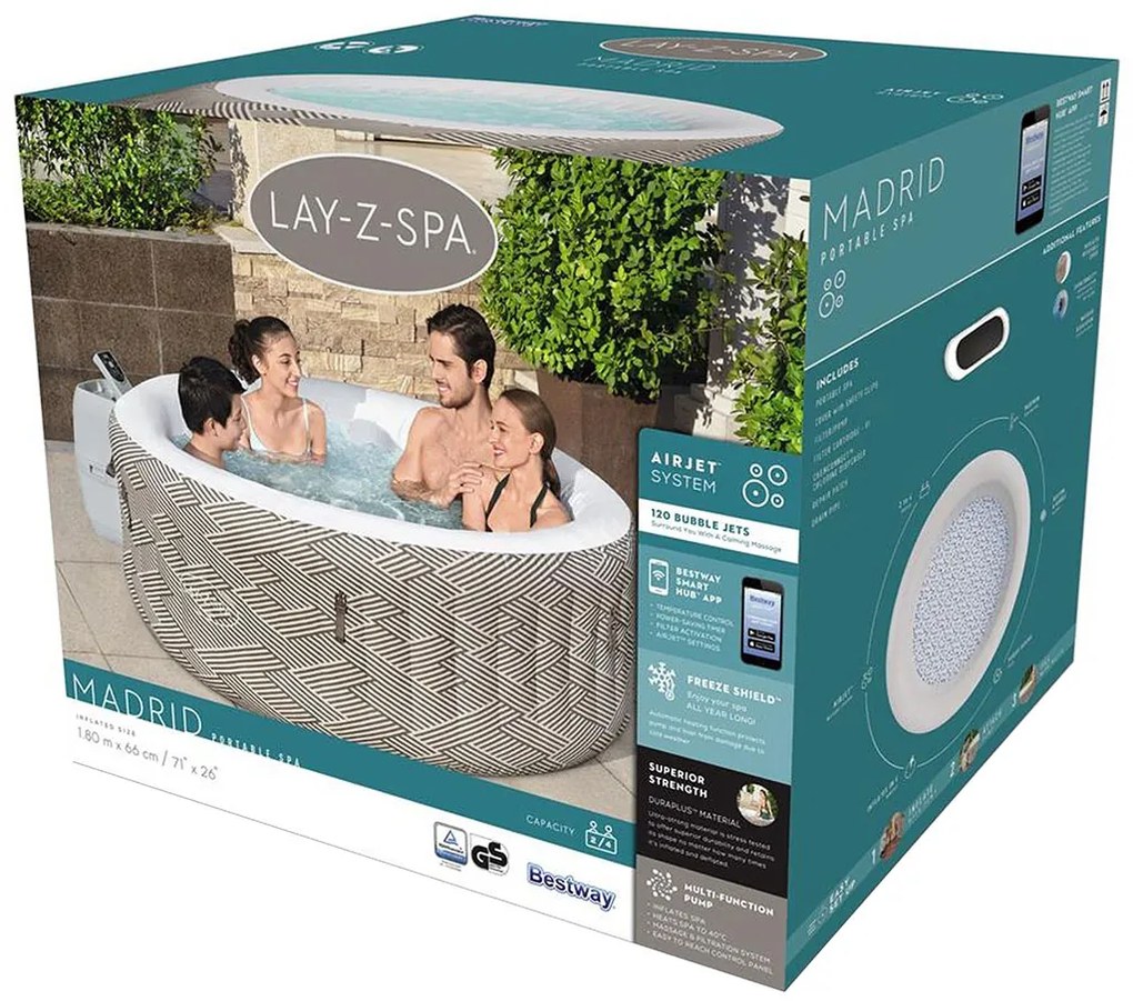 BESTWAY Lay-Z-Spa Madrid AirJet Vířivka, 180 x 66 cm, 2-4 osoby 60055