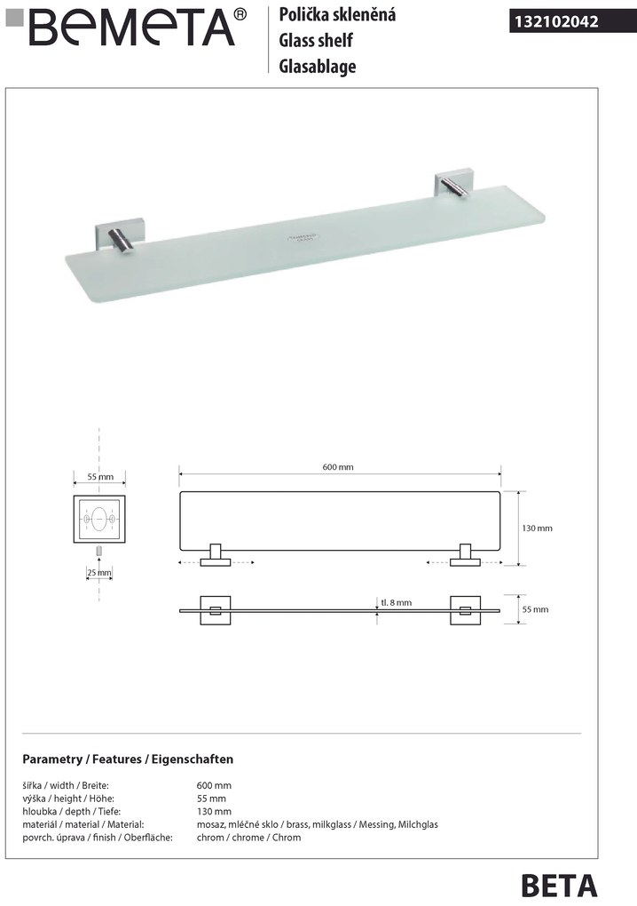 Bemeta Design BETA: Polička, 600 mm, sklo - 132102042
