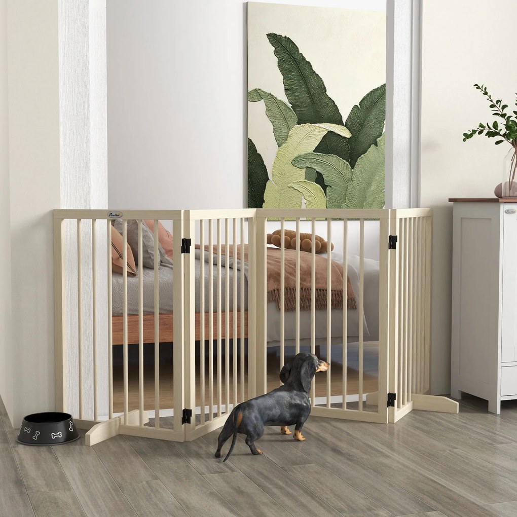 PawHut Bezpečnostní bariéra pro psy - modulární skládací pet plot 4 panely s podpěrnými nohami - 206 x 35,5 x 76 cm z přírodního dřeva