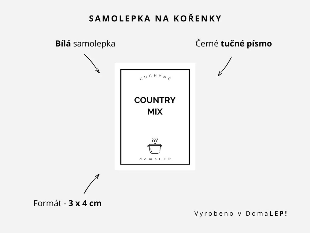 COUNTRY MIX - Samolepka na kořenky 3 x 4 cm - DomaLEP varianta: PRŮHLEDNÁ - základní písmo