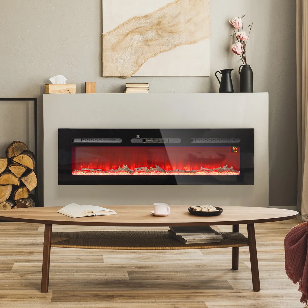 HOMCOM Elektrický krb s nástěnným držákem a dálkovým ovládáním, umělé polena a krystaly, výkon 1800W, černá 820-422V93BK