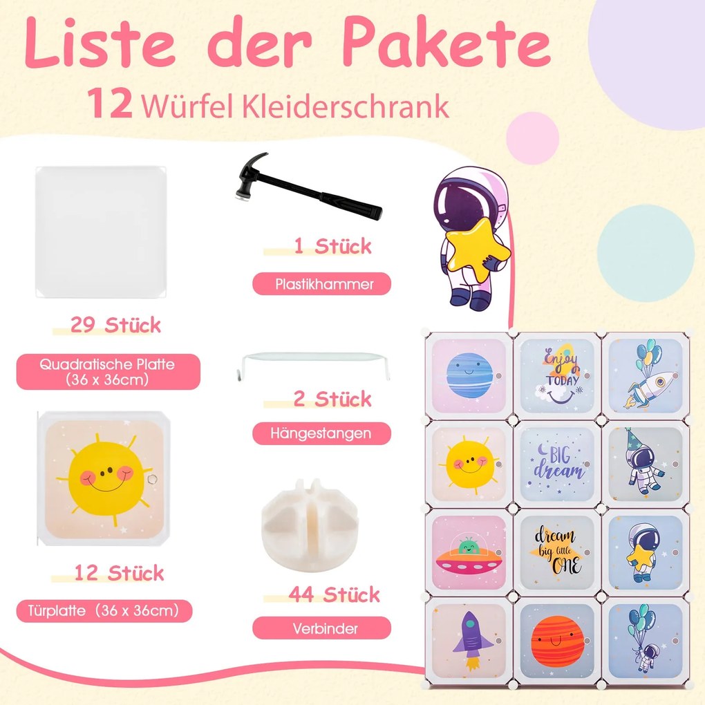 Costway Dětská šatní skříň s 2 závěsnými sekcemi a 12 kostky Roztomilá kreslená