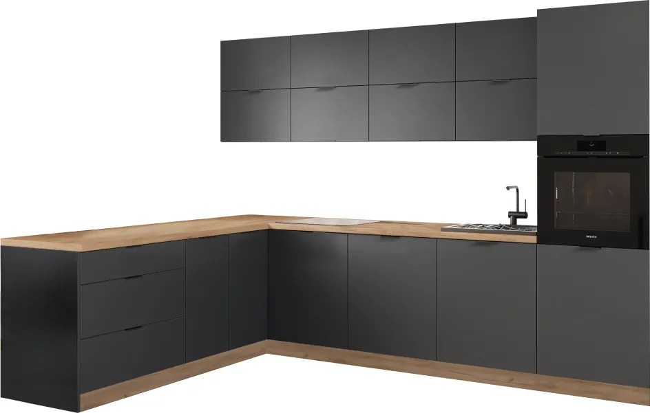 Rohová univerzální kuchyňská linka, 300x220, grafit/dub craft, LAFT