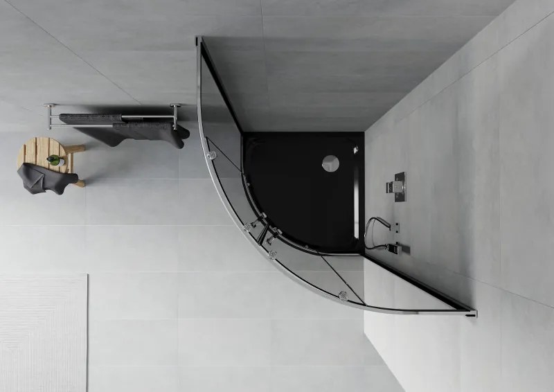 Mexen Rio, čtvrtkruhový sprchový kout s posuvnými dveřmi 80 x 80 cm, 5mm šedé sklo, chromový profil + černá sprchová vanička, 863-080-080-01-30-4170