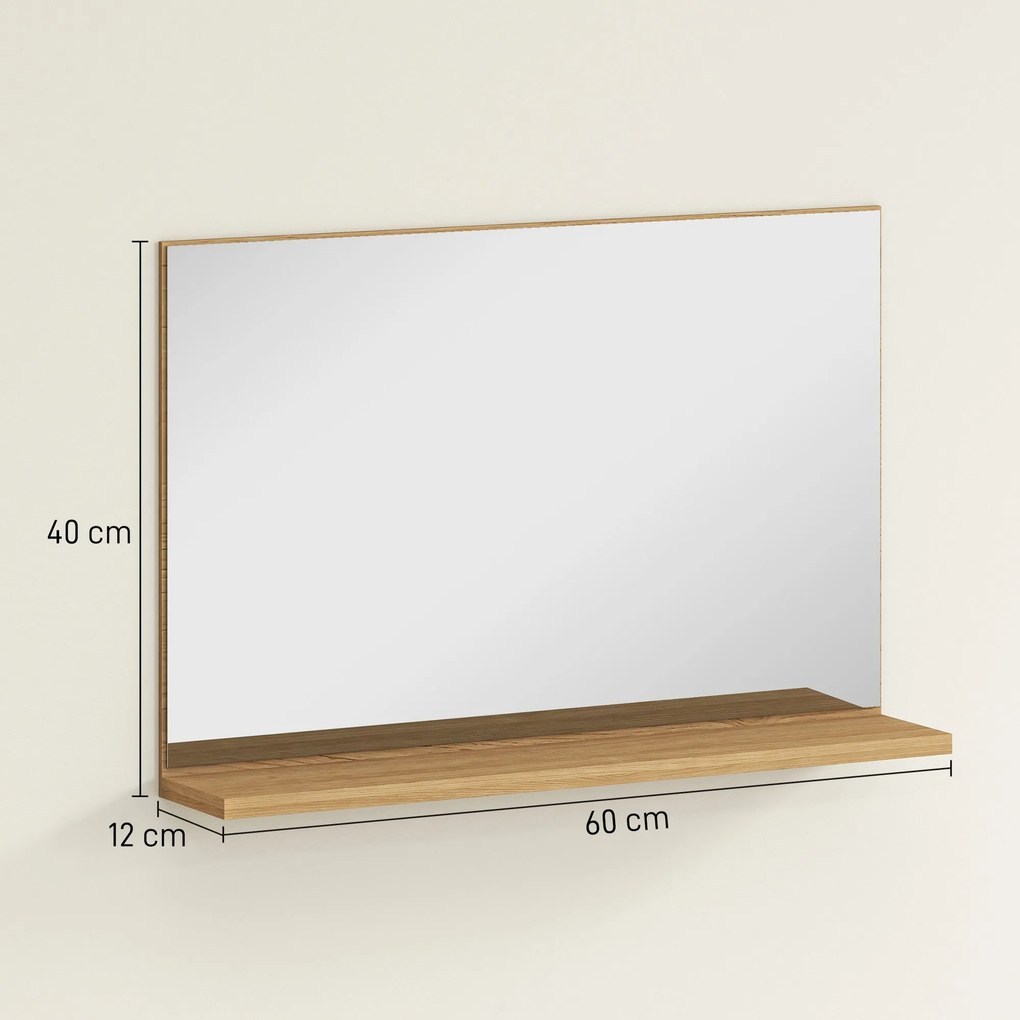 Nástěnné zrcadlo do koupelny Kleankin se policí, moderní víceúčelové zrcadlo do koupelny, ložnice a předsíně, 60x12x40 cm, dřevo