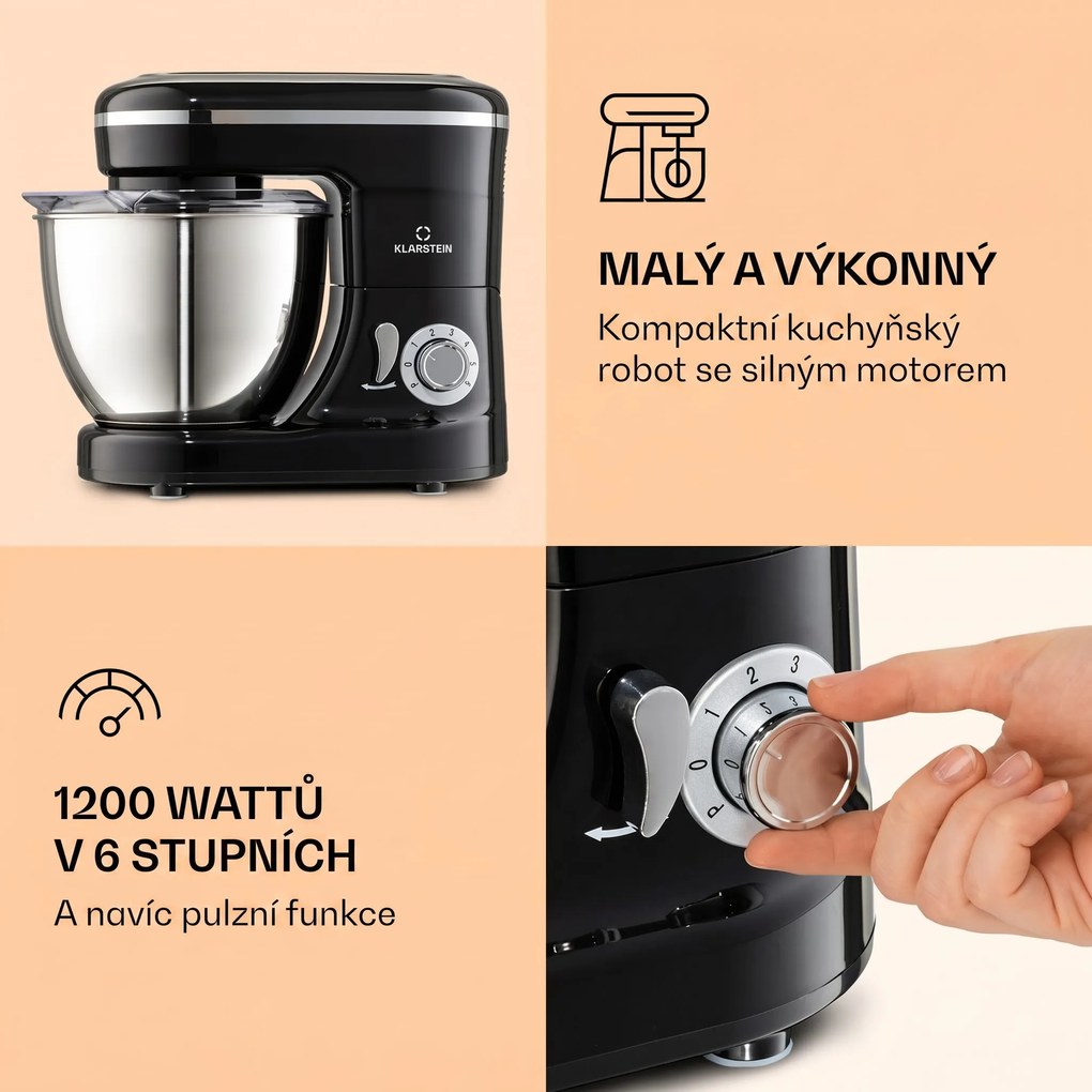 Klarstein Bella Mini, kuchyňský robot, 1200 W, 6 stupňů, 4 l, pulzní funkce, nerezová ocel