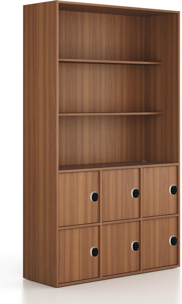 Kancelářská skříň FRAME, 6x dveře, 2x police, 1299 x 450 x 2162 mm, kódový zámek, ořech