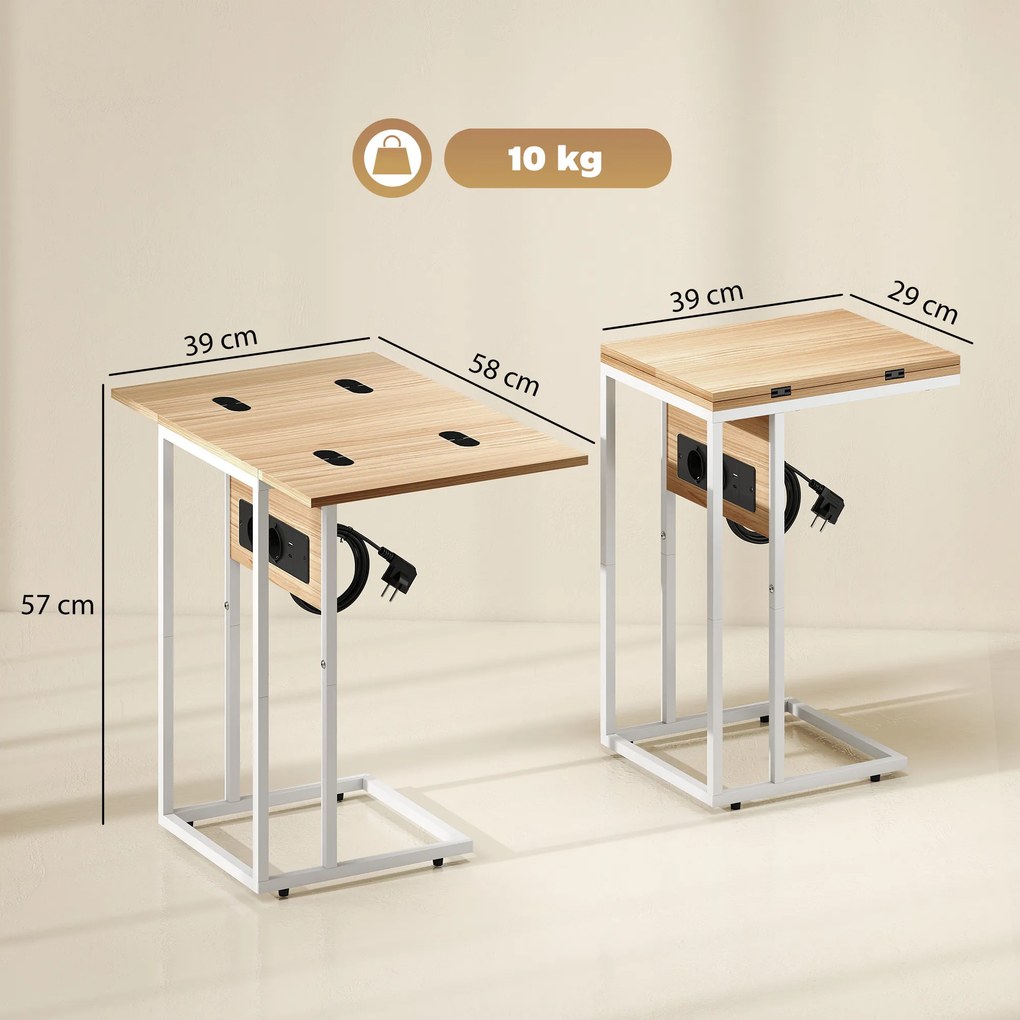 HOMCOM Skládací příruční stolek, nabíjecí stanice s USB porty, kov, 39 x 29 x 57 cm, barva dřeva