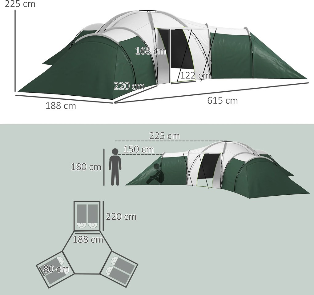 Kempinkový stan pro 6-9 osob, 4 místnosti, markýza, nepromokavý, 615x 615x225cm, zelený