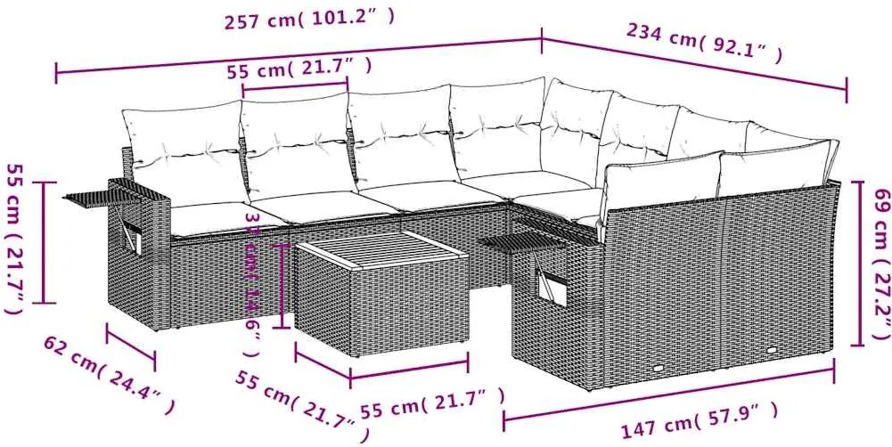 9dílná zahradní sedací souprava s poduškami černá polyratan 3256818