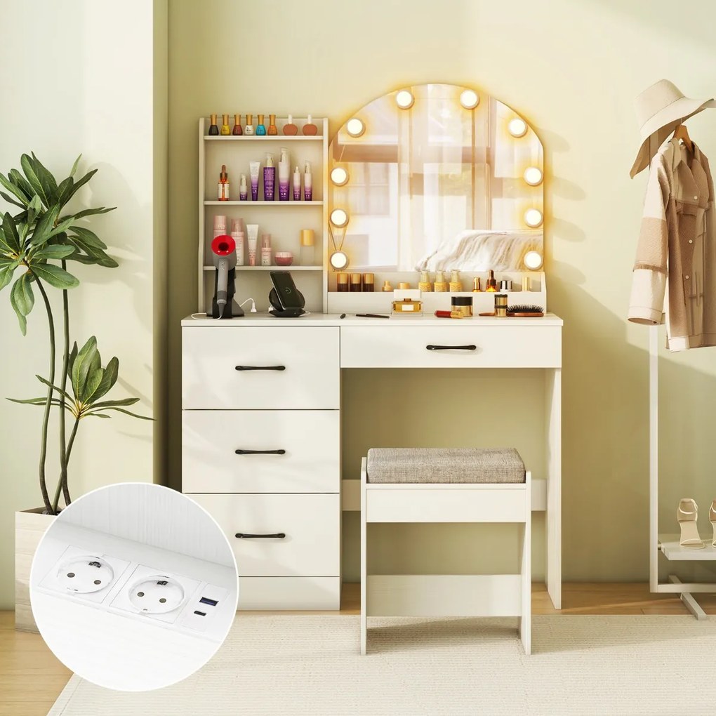Costway Toaletní stolek s LED osvětlením 3 barvy s nastavitelným jasem, bílý
