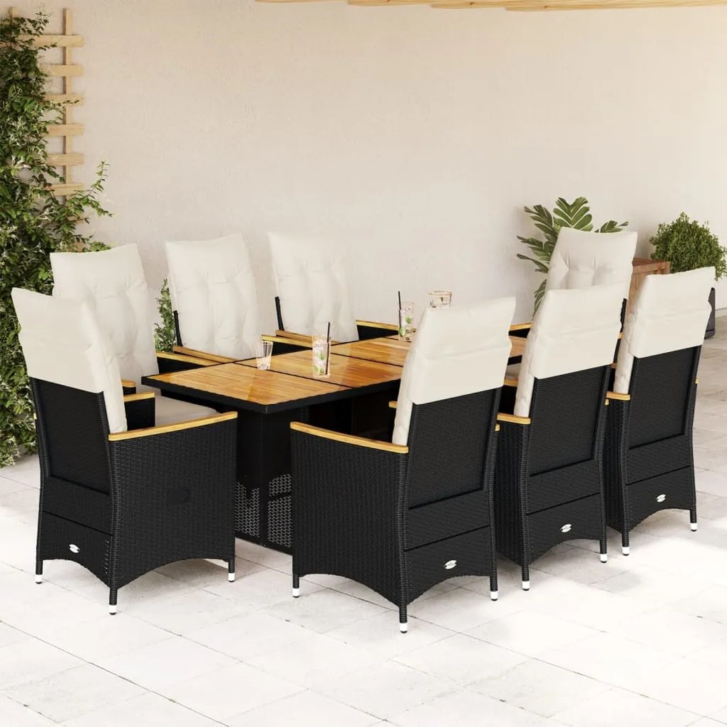 9dílný zahradní bistro set s poduškami černý polyratan 3276966