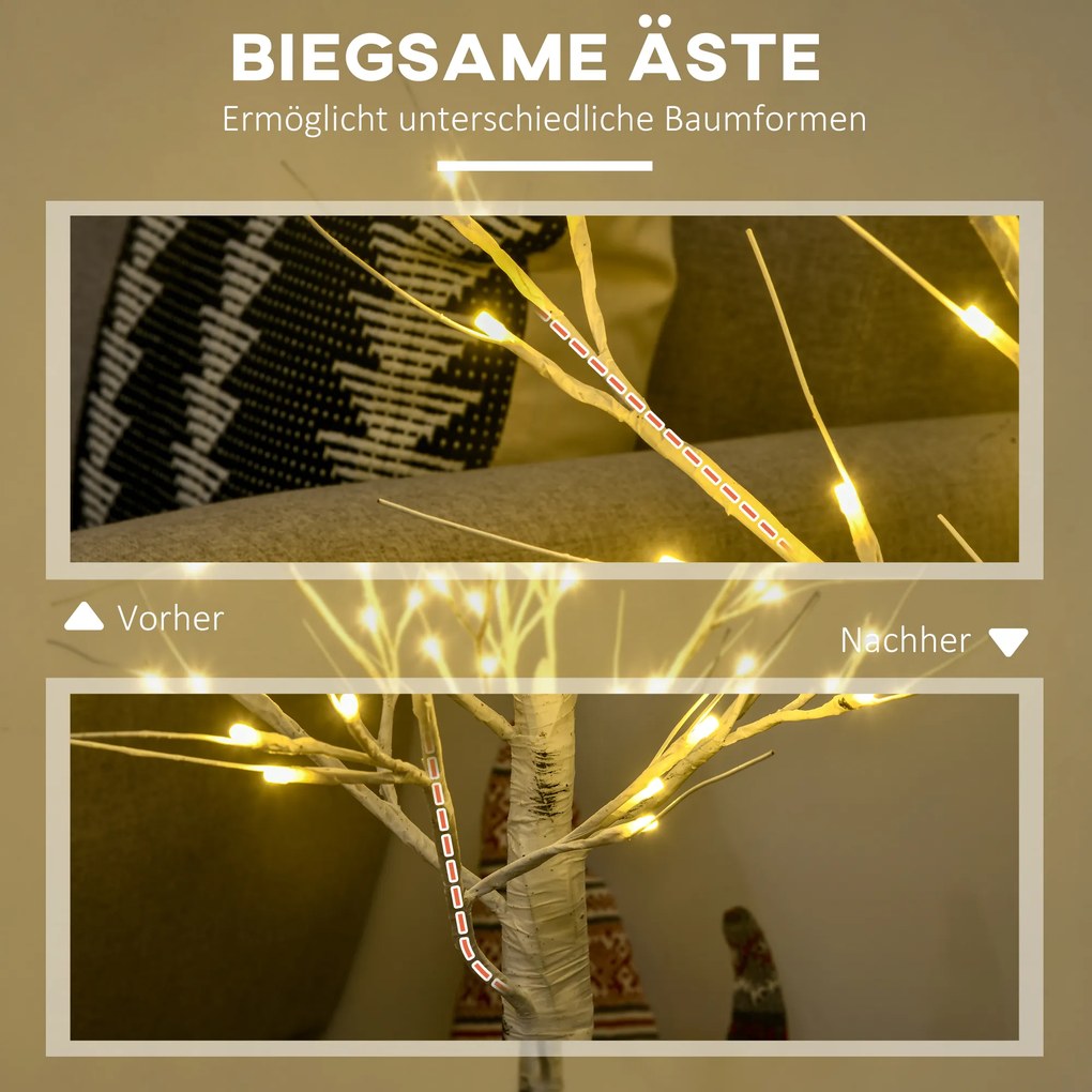 HOMCOM Umělý strom, umělá bříza, s LED osvětlením, teplá bílá, realistická bílá kůra, 17D x 17Š x 120V cm