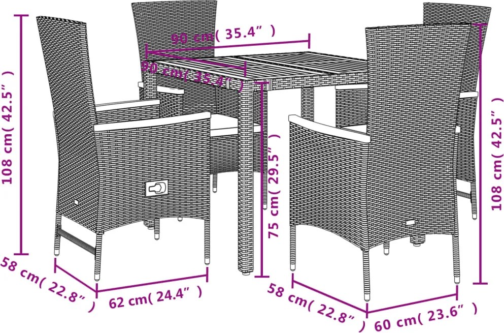 5dílný zahradní jídelní set s poduškami černý polyratan 3277502