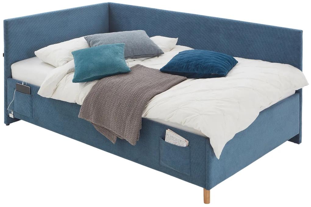 Modrá manšestrová postel Meise Möbel Cool II. 120 x 200 cm s úložným prostorem