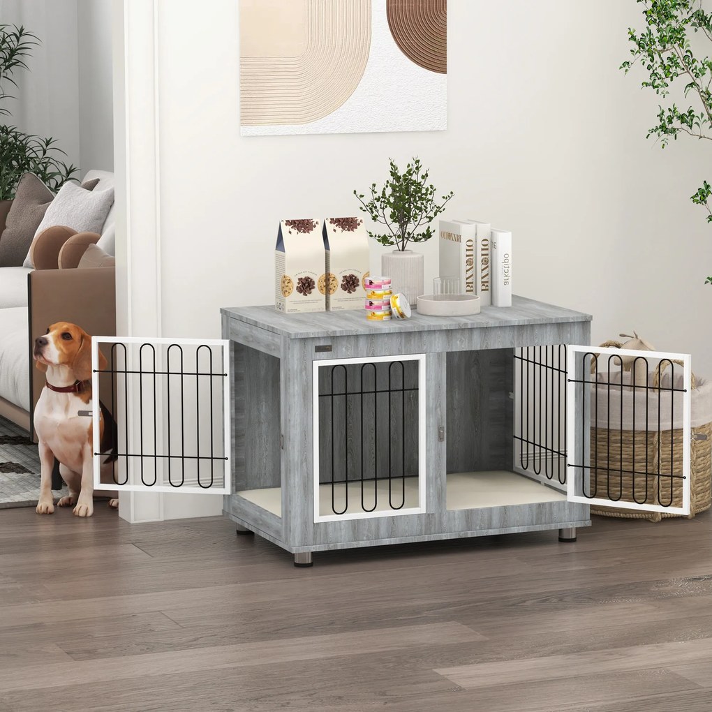 PawHut klec pro psy, psí bouda, klec pro domácí mazlíčky s polštářem, 2 zámky pro střední psy, klec pro psy s dvojitými dveřmi, šedá, 90 x 58 x 65 cm