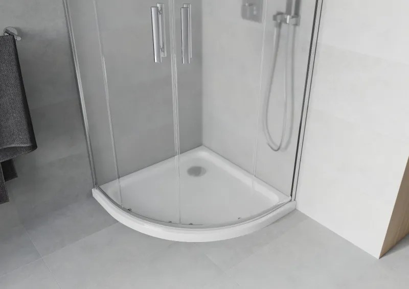 Mexen Rio, čtvrtkruhový sprchový kout s posuvnými dveřmi 80 x 80 cm, 5mm sklo námraza, chromový profil + bílá sprchová vanička, 863-080-080-01-30-4110