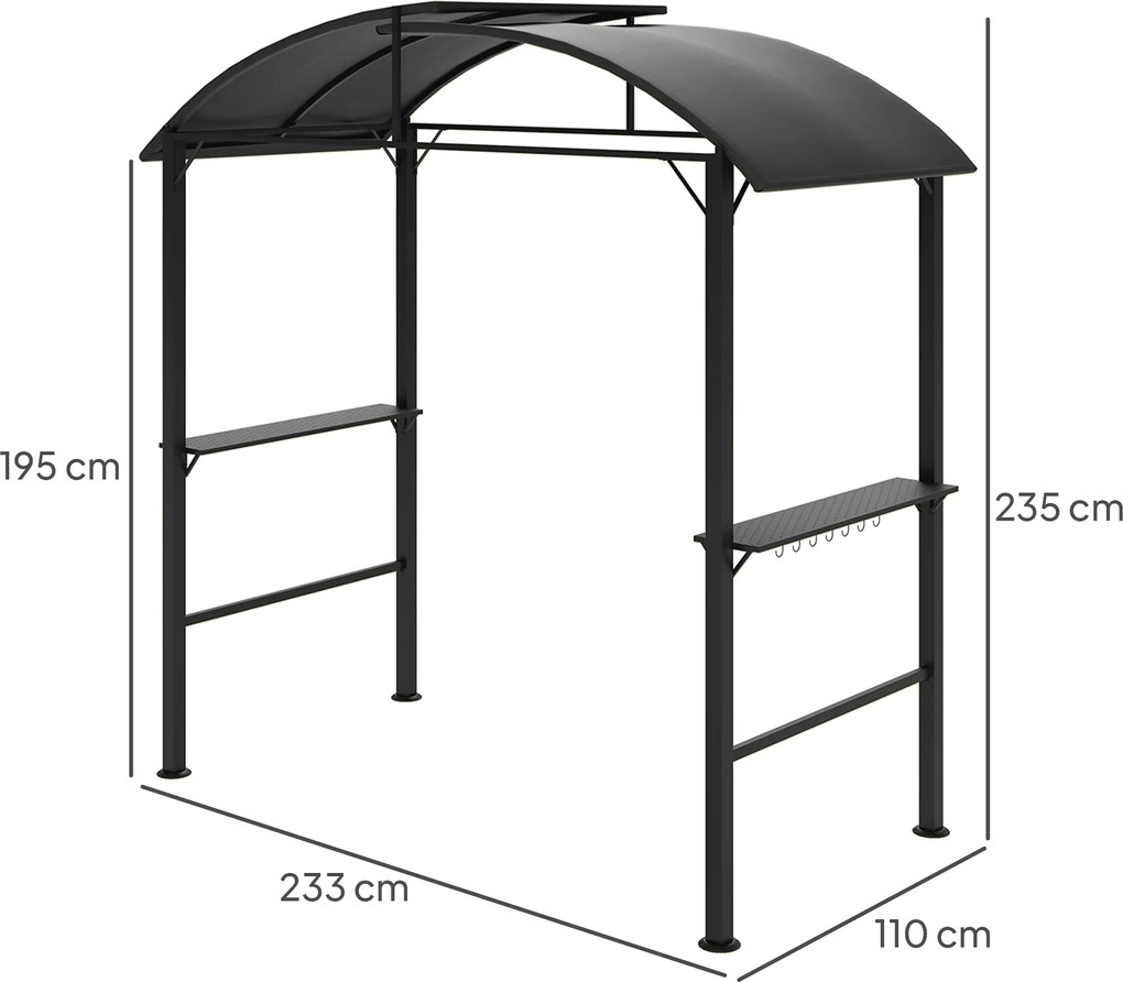 Pavilon na grilování, 2 boční police, háčky, ocelový rám, 1,1 x 2,3 m, tmavě šedý